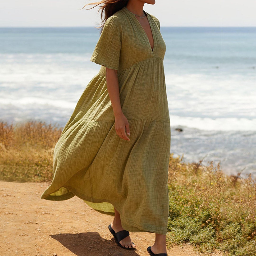 Dress for Women Muslin Casual Loose Fit Gauze Dress summer Half Sleeve ...