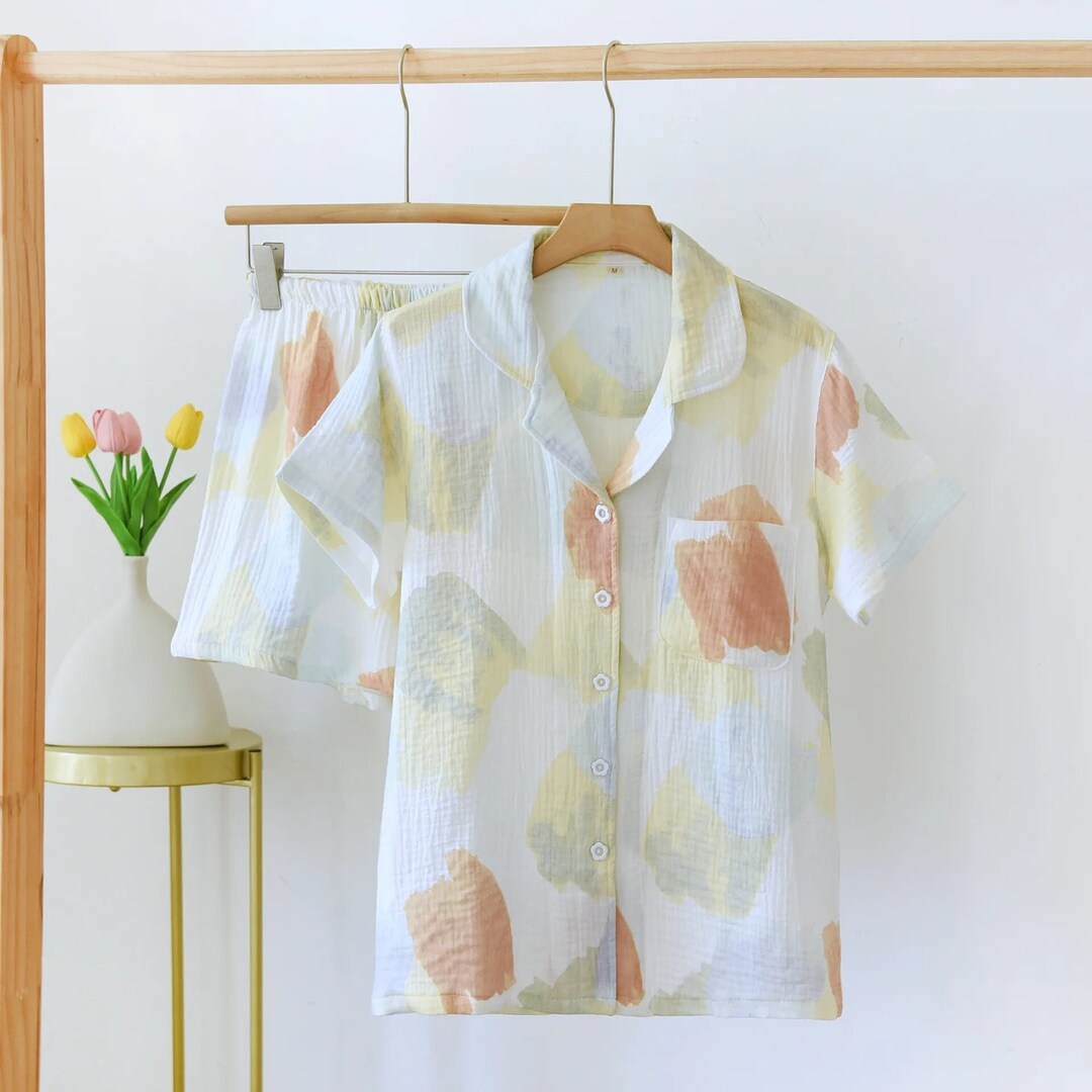 Muslin Women Pajamas for Summer %100 Cotton Gauze Short Sleeved Top ...