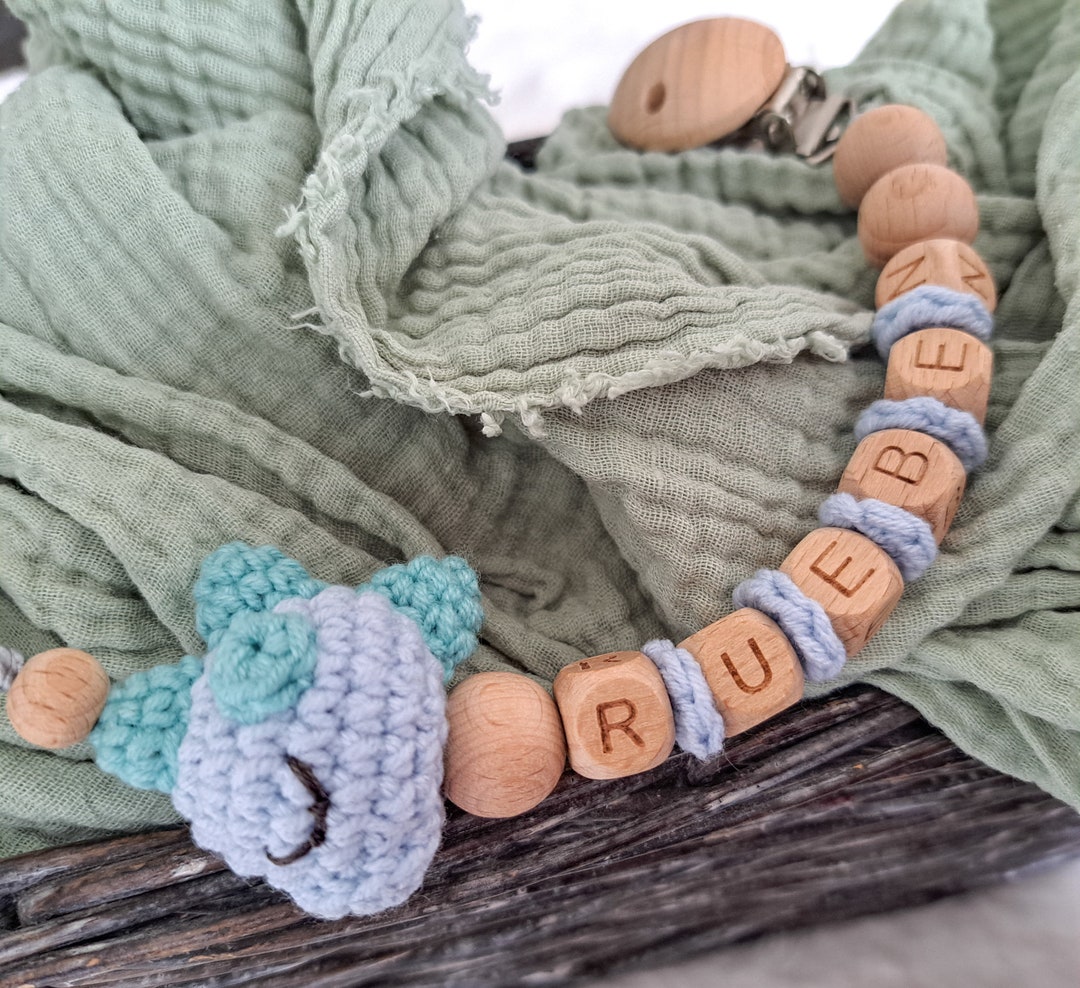 Personalised Crochet Dummy Clip Dinosaur-wooden Dummy Clip-mam Dummy ...