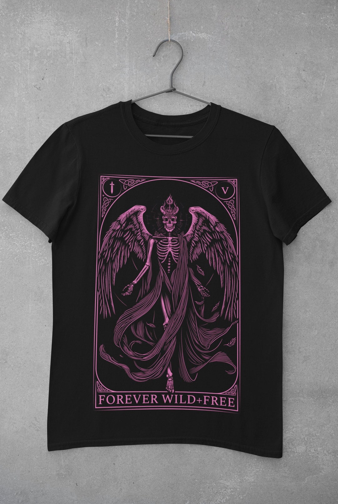 Fallen Angel Art Tarot Tattoo Style Black Unisex T Shirt With Pink ...