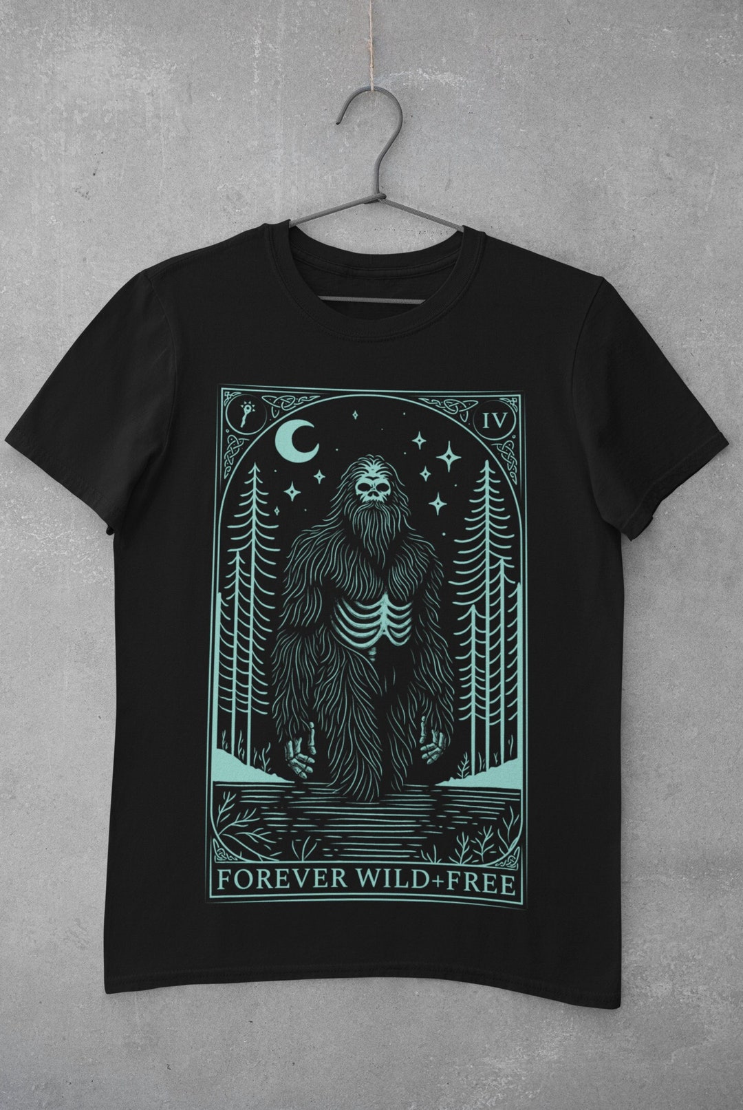 Bigfoot Sasquatch Skeleton Tarot Style Unisex Black T Shirt With Blue ...