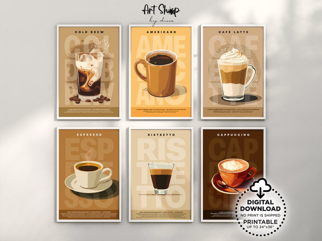 Coffee Posters Set of 6 Printable Wall Art, Retro Coffee Bar Decor Art ...