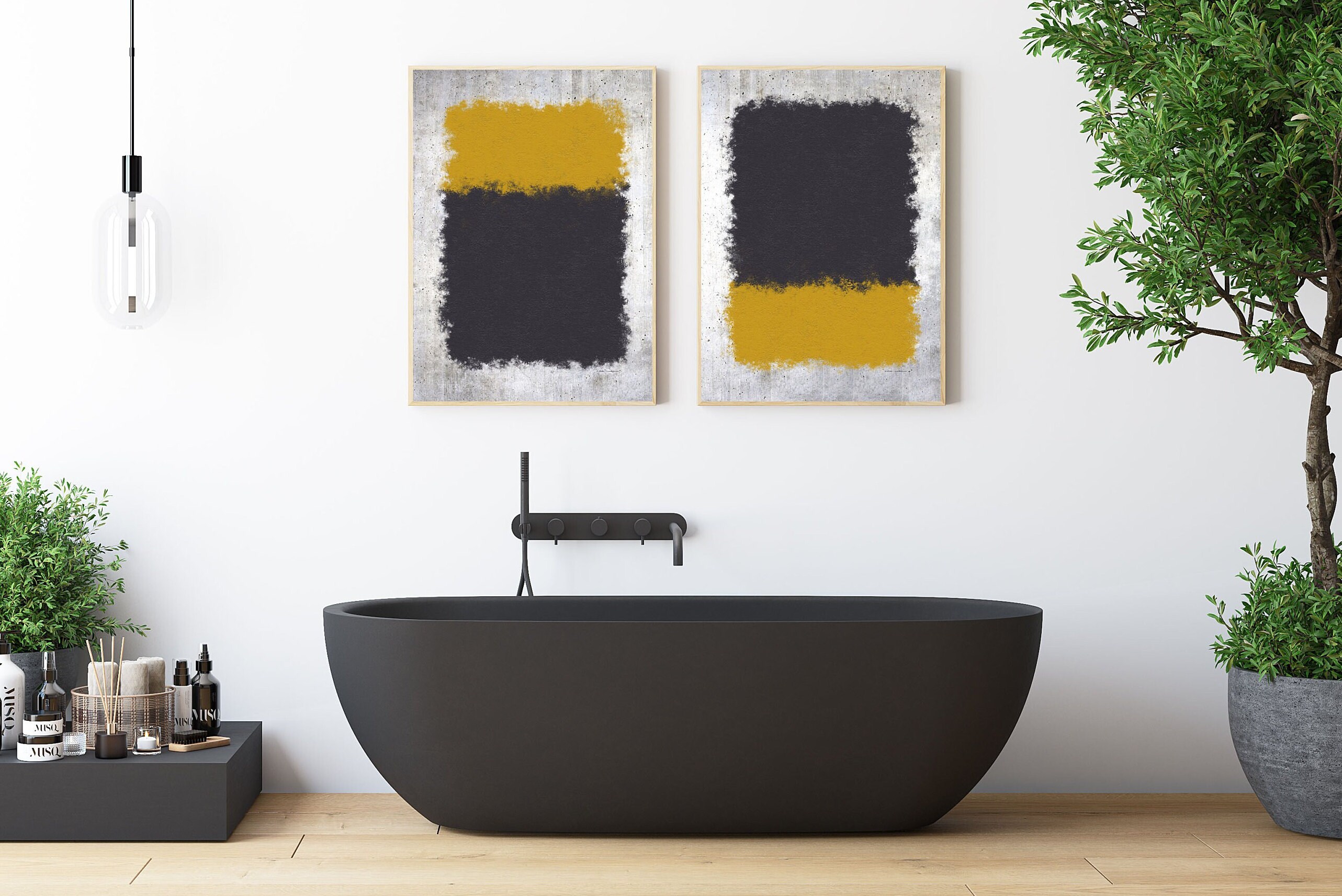 Abstract Yellow & Charcoal Grey Printable Wall Art, 2 Piece Minimalist ...