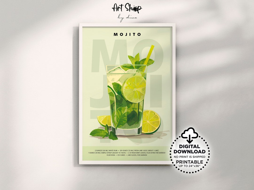 Mojito Classic Cocktail Poster Printable Wall Art, Mixology Nostalgia ...