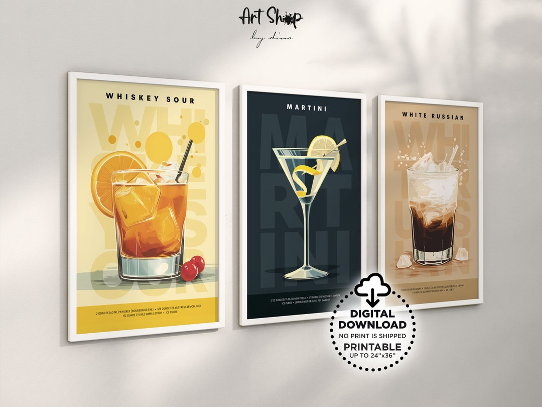 Classic Cocktail Poster Set of 3 Printable Wall Art, Mixology Nostalgia ...