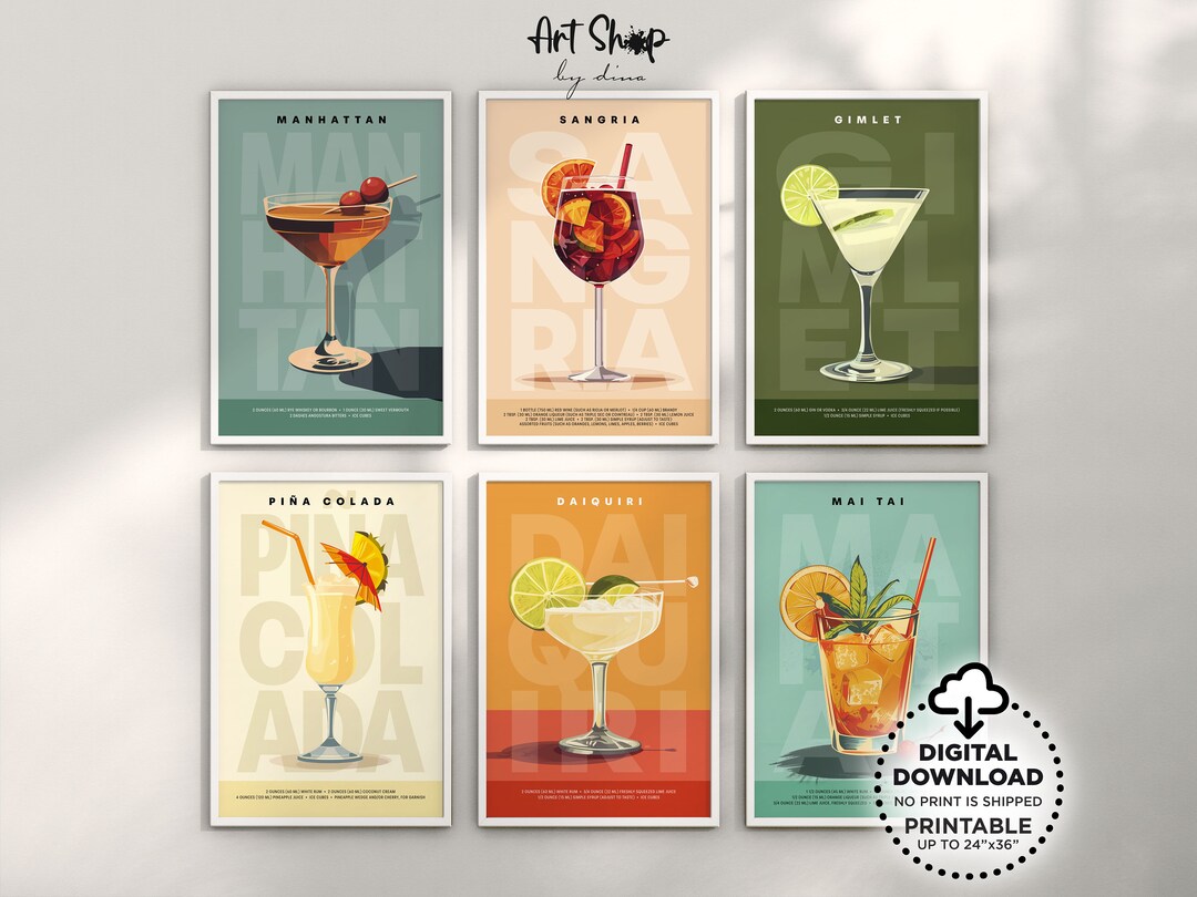 Classic Cocktail Drinks Poster Set of 6 Printable Wall Art, Mixology ...