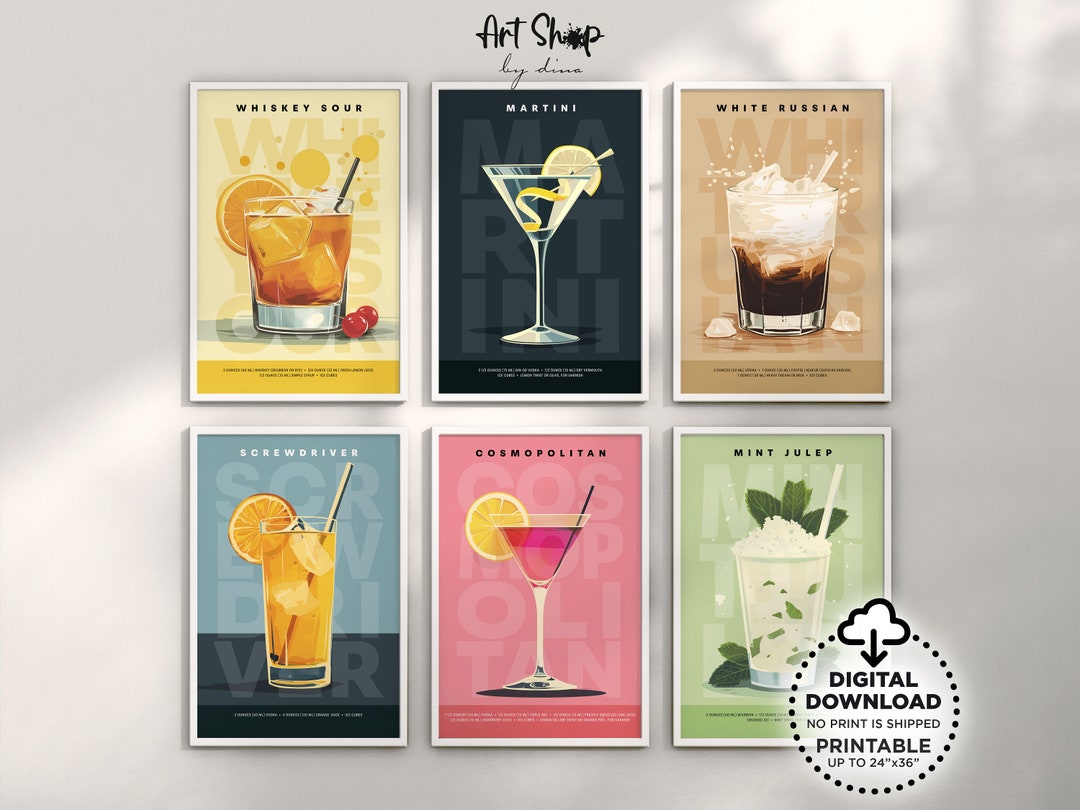 Classic Cocktail Drinks Poster Set of 6 Printable Wall Art, Mixology ...
