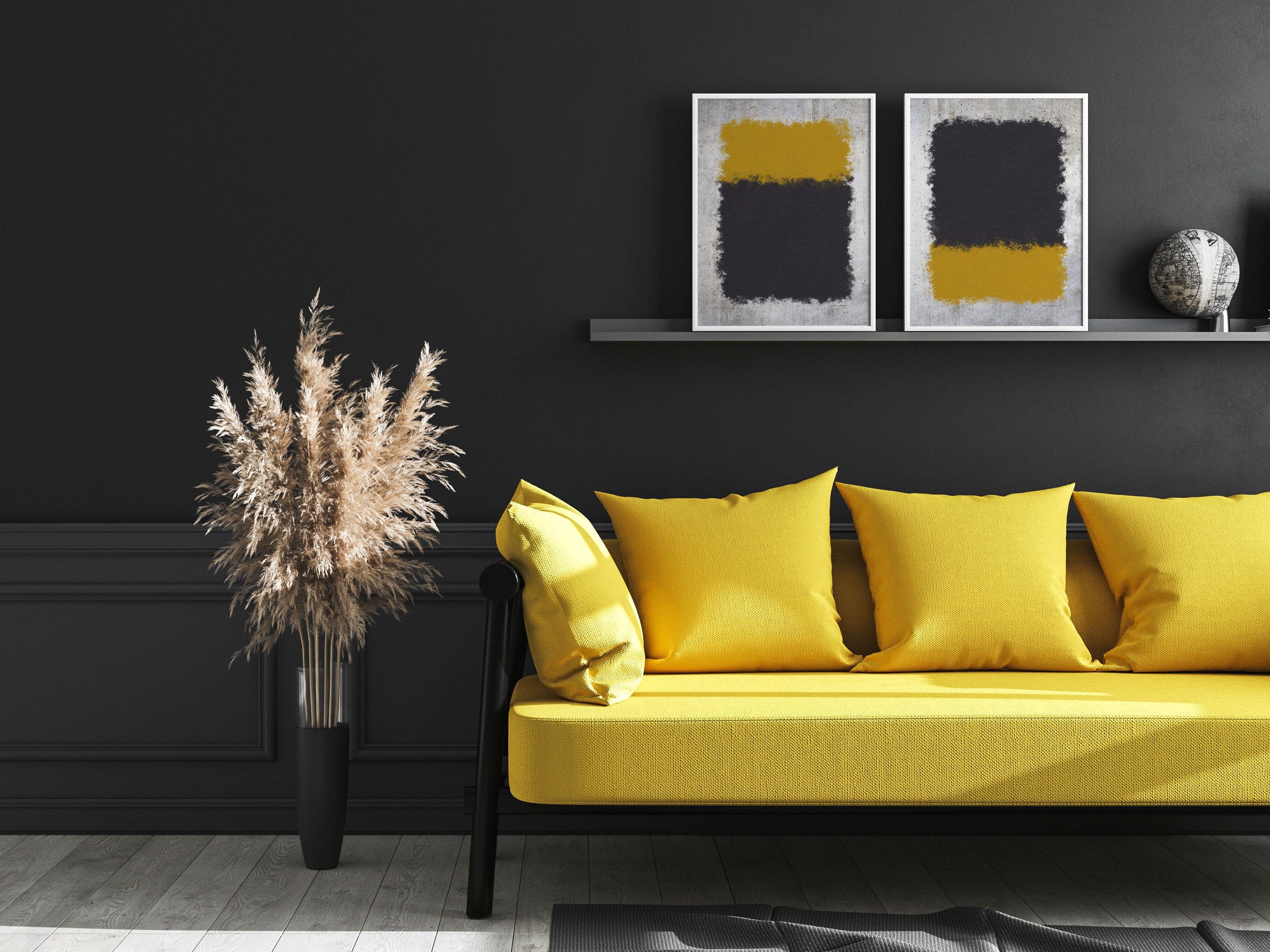 Abstract Yellow & Charcoal Grey Printable Wall Art, 2 Piece Minimalist ...