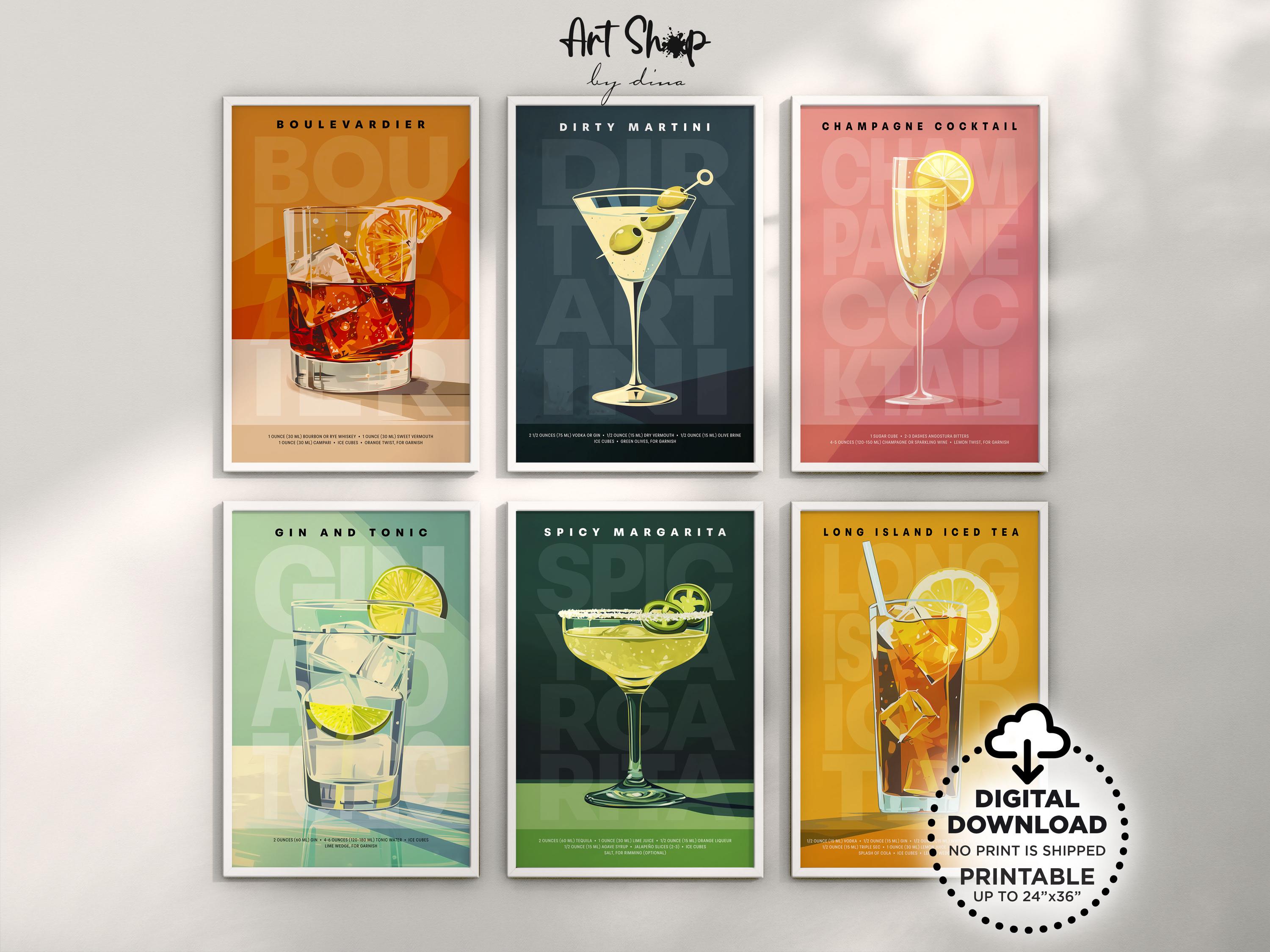 Retro Cocktail Drinks Poster Set of 6 Printable Wall Art, Mixology ...