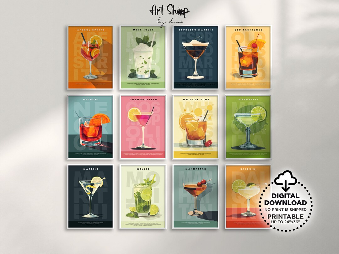 Set of 12 Classic Cocktail Prints, Retro Bar Cart Decor Minimalist ...