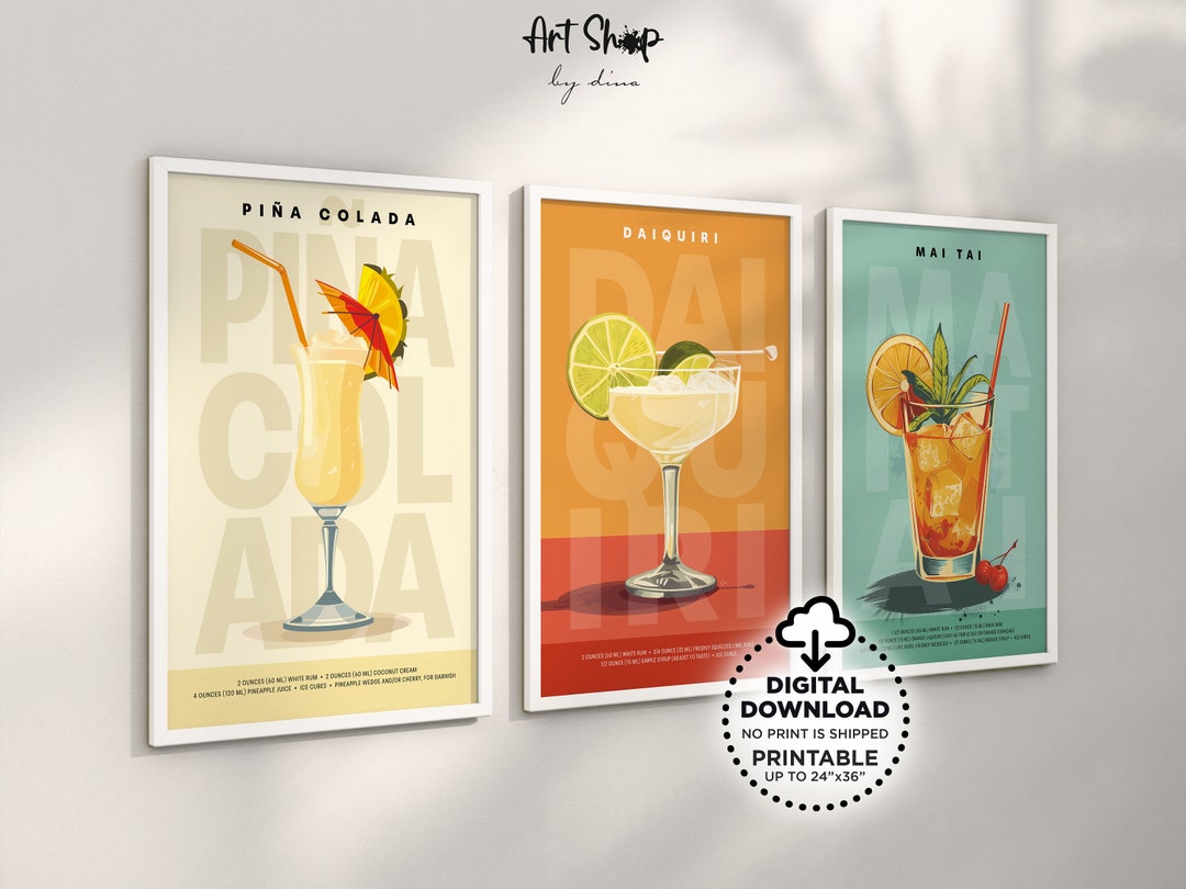 Classic Cocktail Poster Set of 3 Printable Wall Art, Mixology Nostalgia ...
