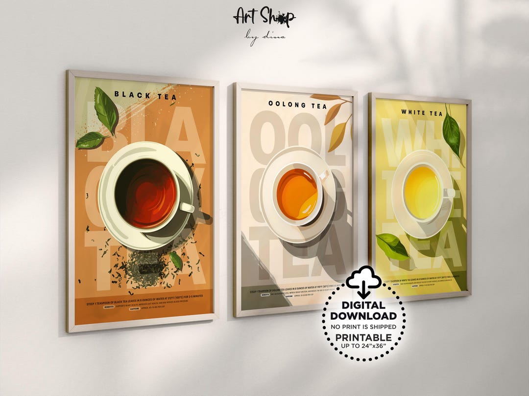 Set of 3 Tea Guide Printable Wall Art, Brewing & Health Benefits ...