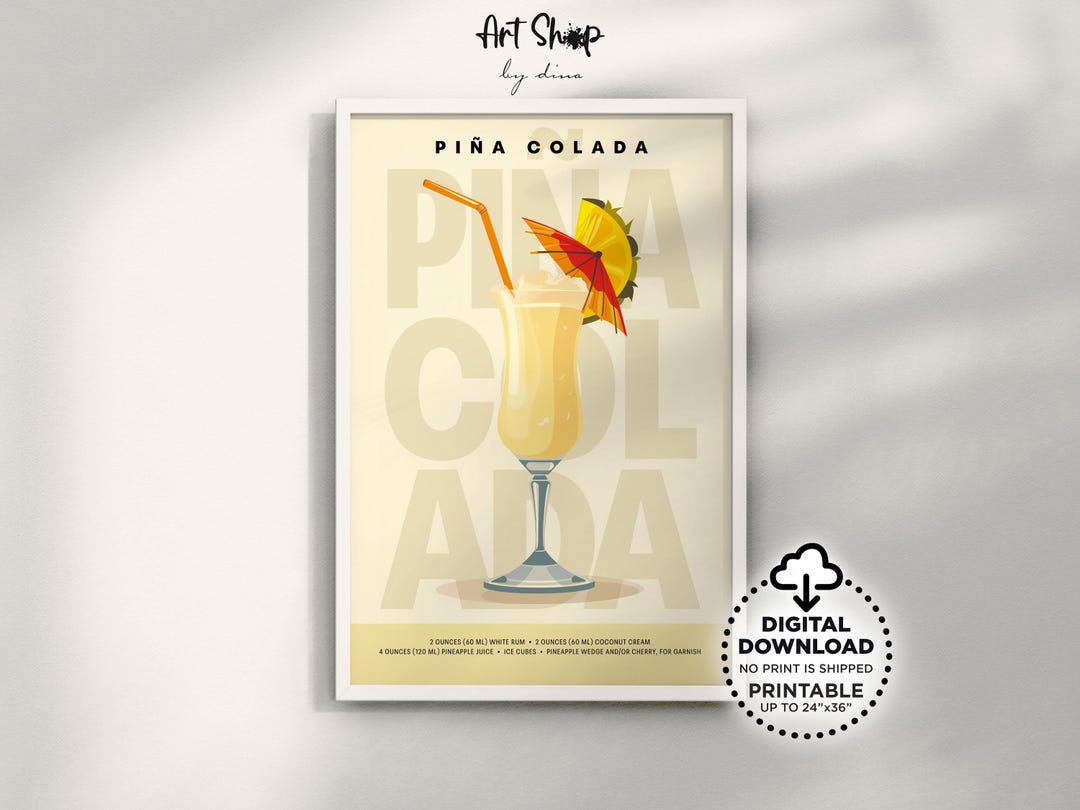 Piña Colada Retro Cocktail Poster Printable Wall Art, Mixology ...