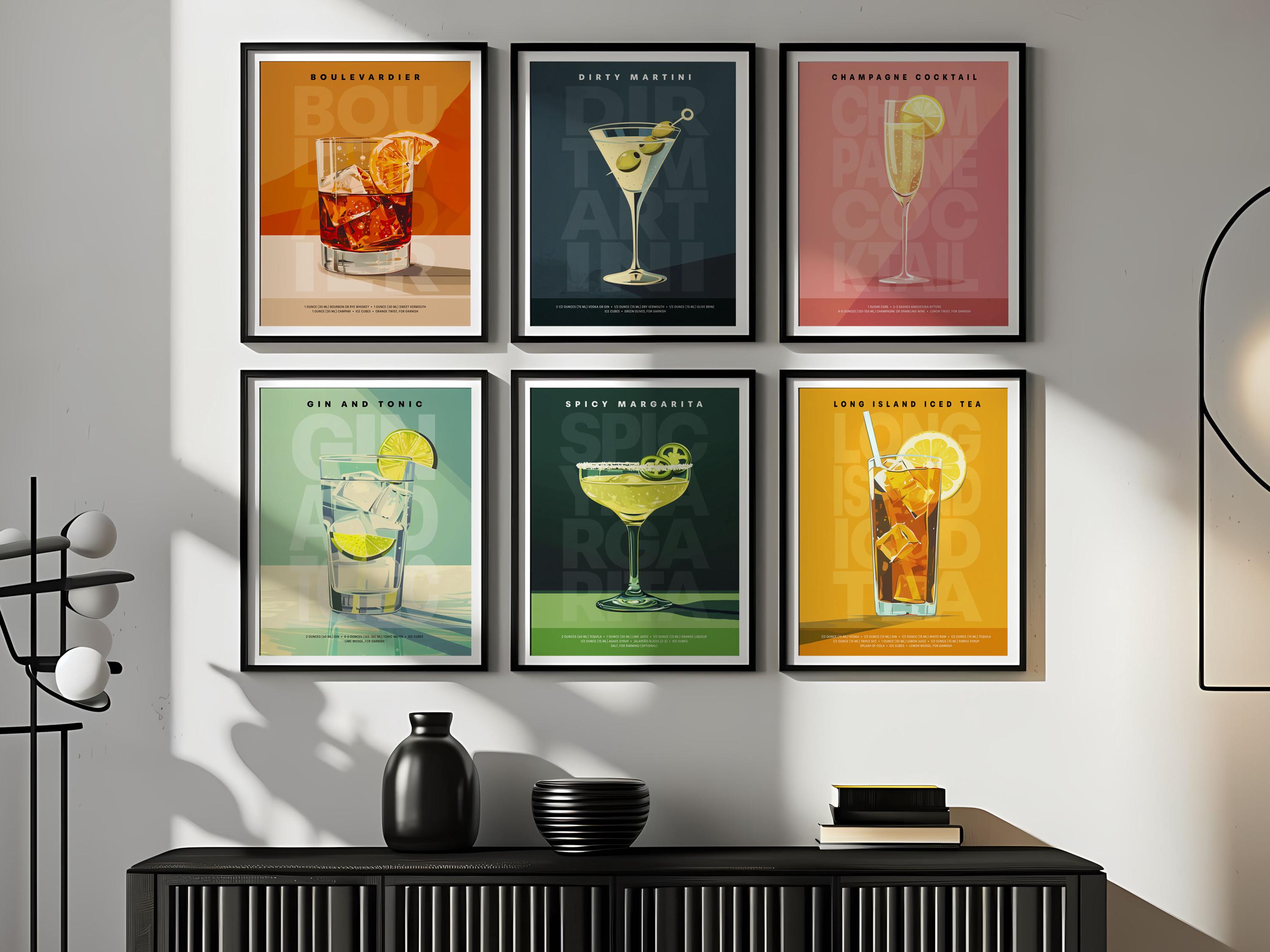 Retro Cocktail Drinks Poster Set of 6 Printable Wall Art, Mixology ...