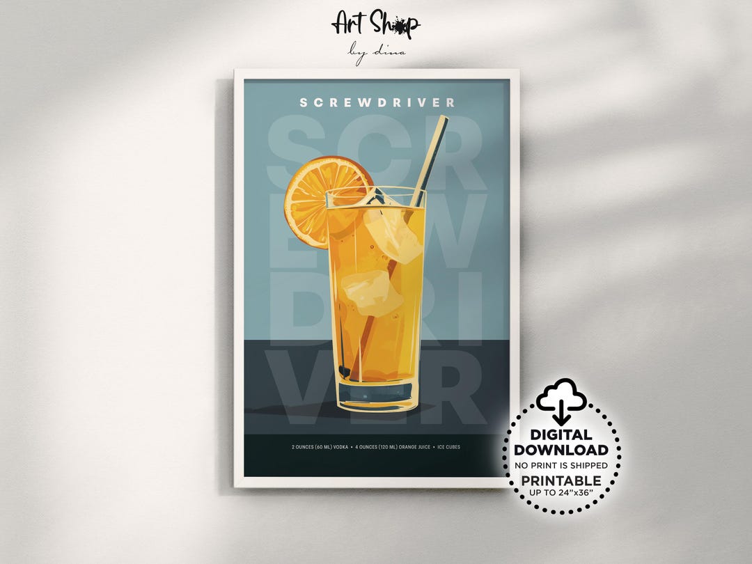 Screwdriver Retro Cocktail Poster Printable Wall Art, Mixology ...