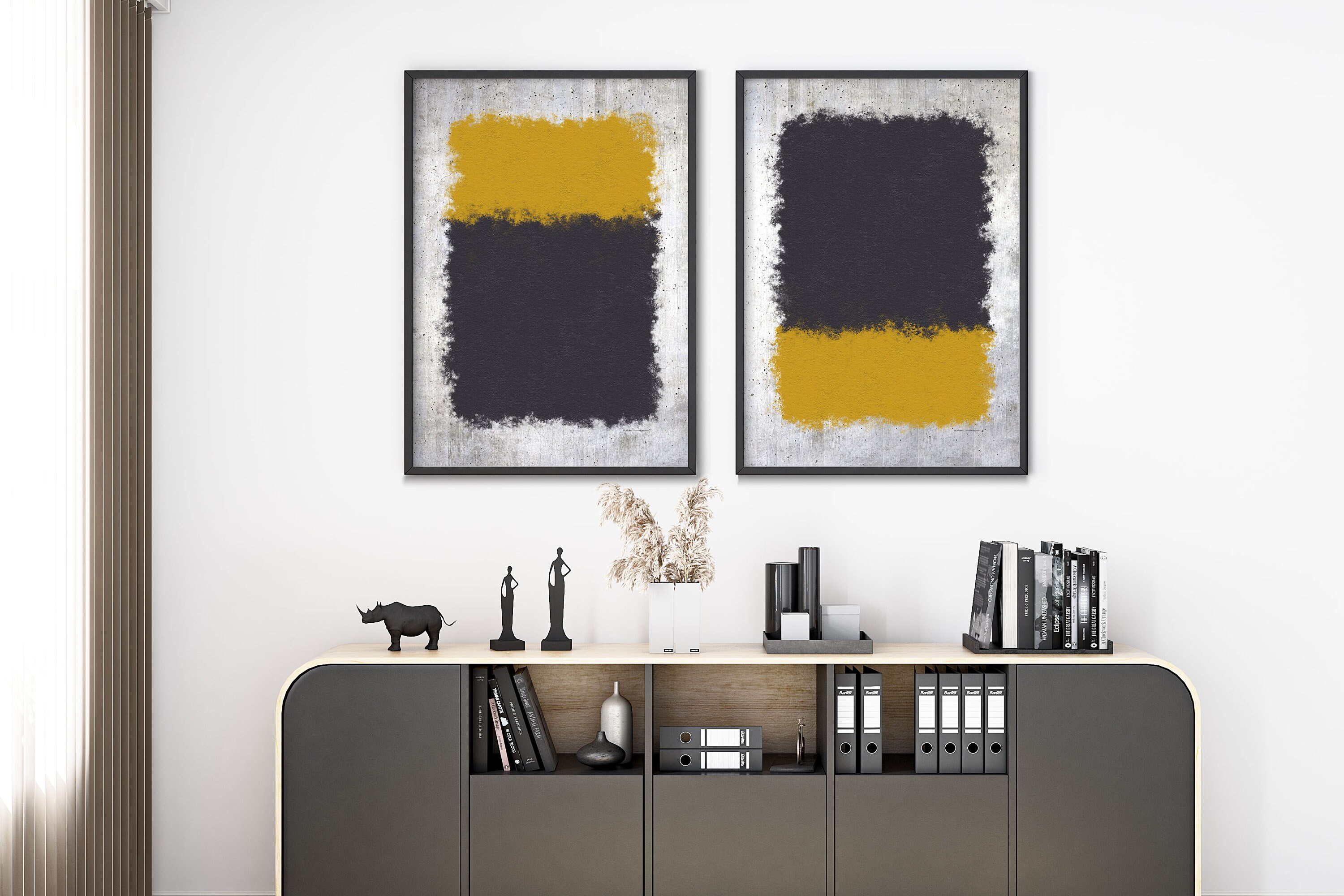 Abstract Yellow & Charcoal Grey Printable Wall Art, 2 Piece Minimalist ...