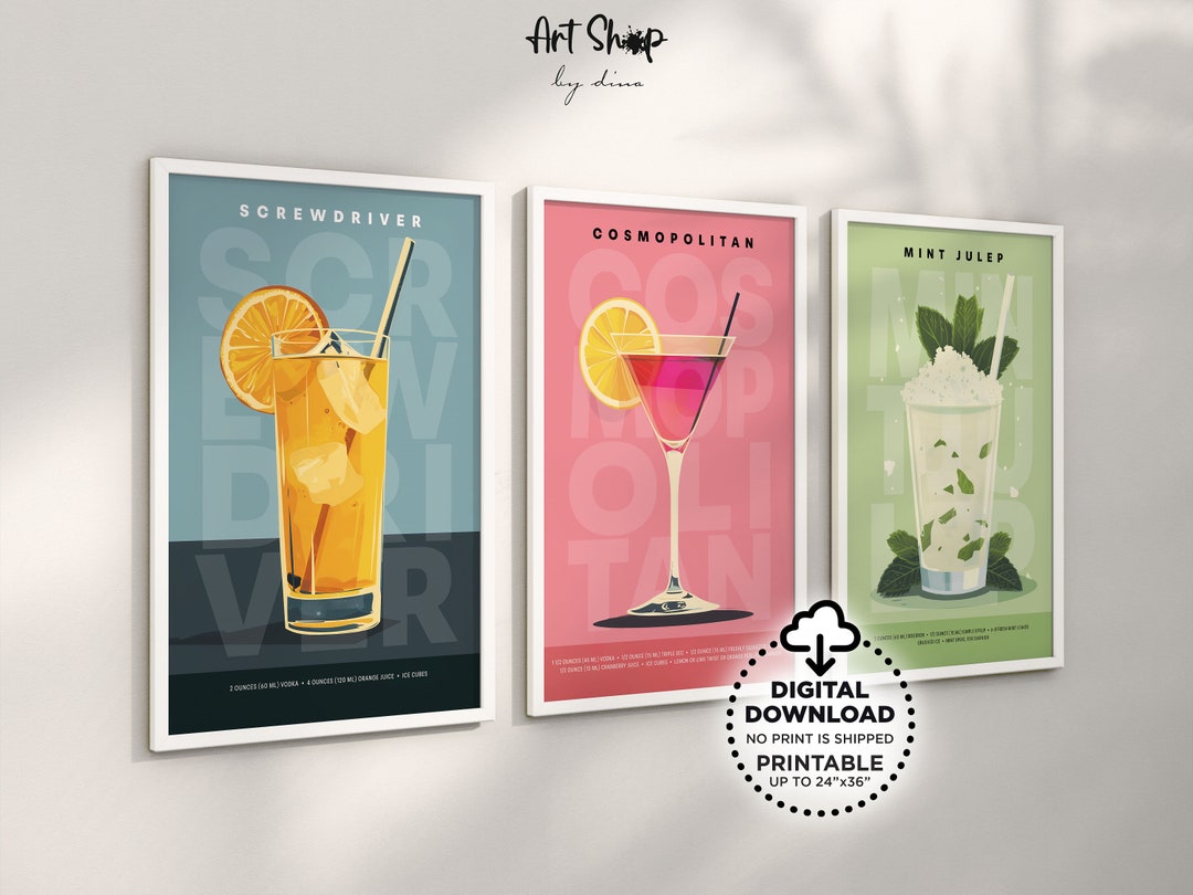 Classic Cocktail Poster Set of 3 Printable Wall Art, Mixology Nostalgia ...