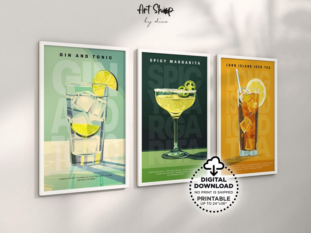 Retro Cocktail Drinks Poster Set of 3, Mixology Alcohol Bar Cart ...