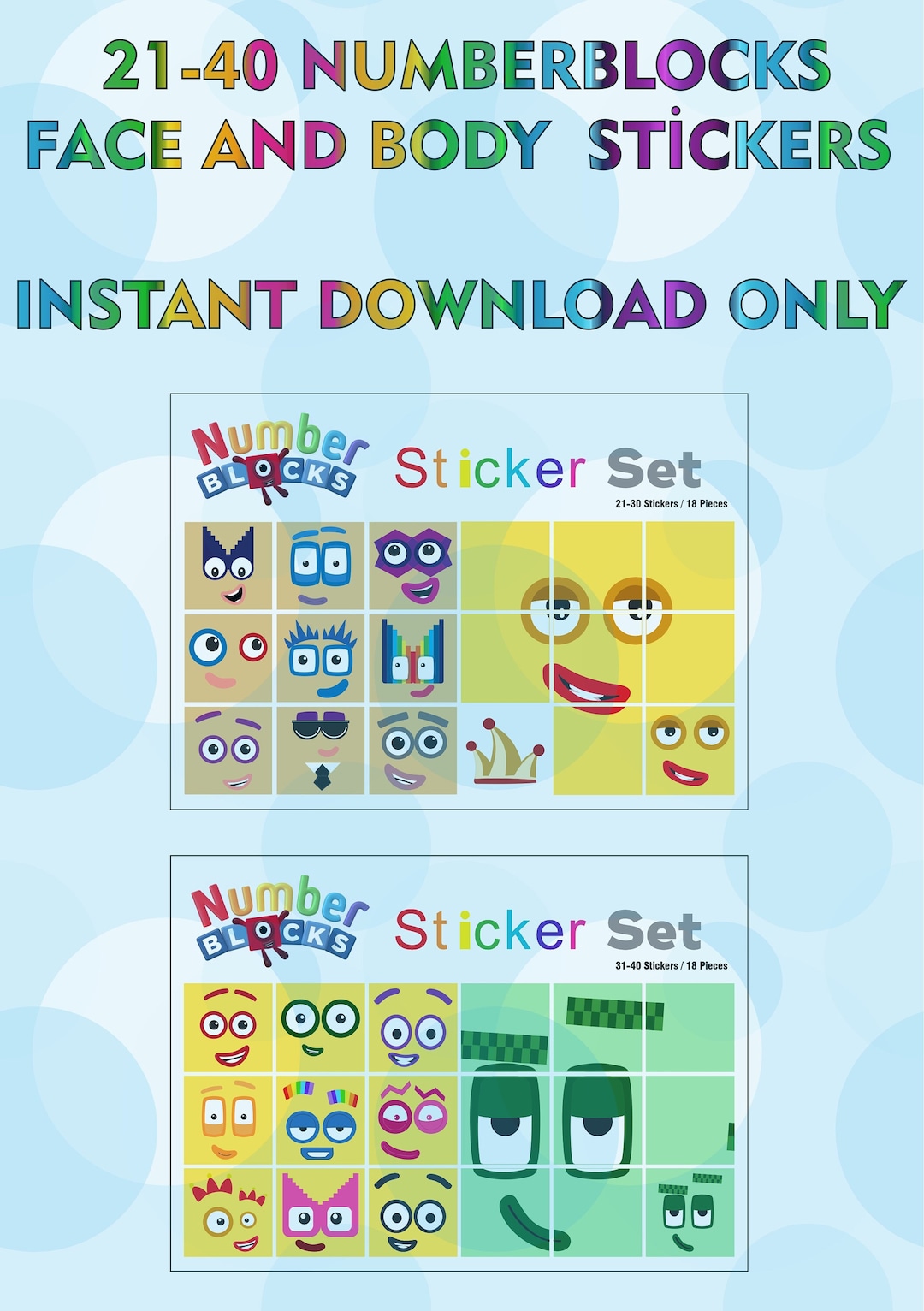 Numberblocks 21-40 Faces / for 2cm Cubes / A5 Sticker Printing ...