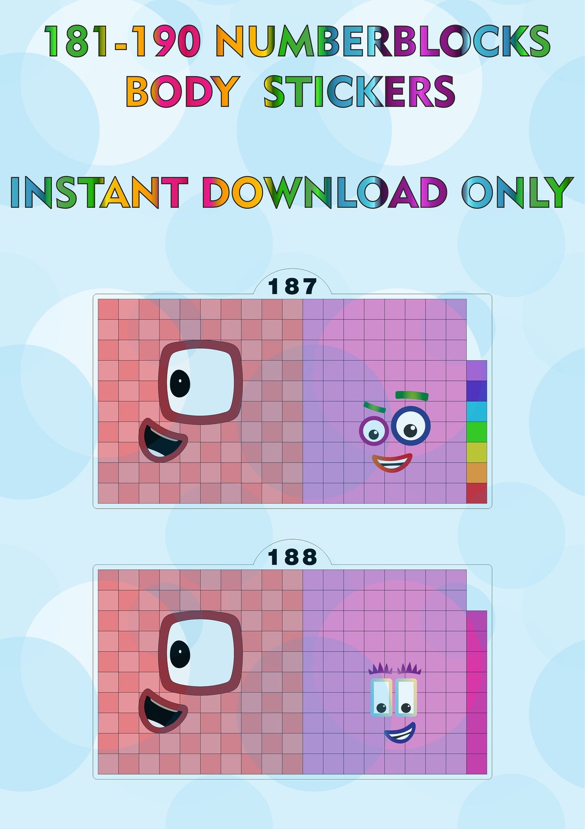 Numberblocks 181-190 Body Stickers / A4 Sticker Printing / Instant Digital Download JPEG & PDF ...
