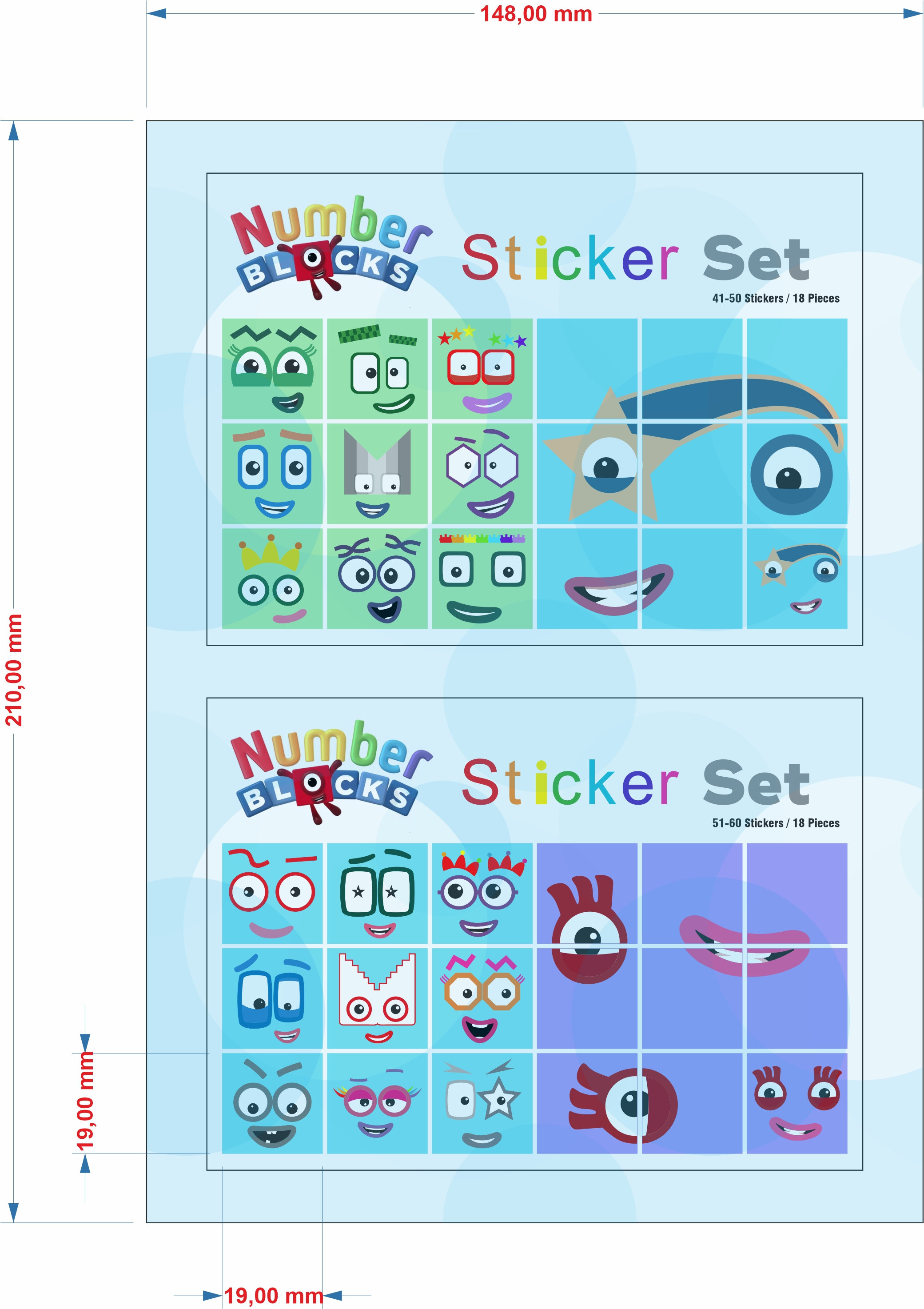 Number Blocks 41-60 Faces / for 2cm Cubes / A5 Sticker Printing ...