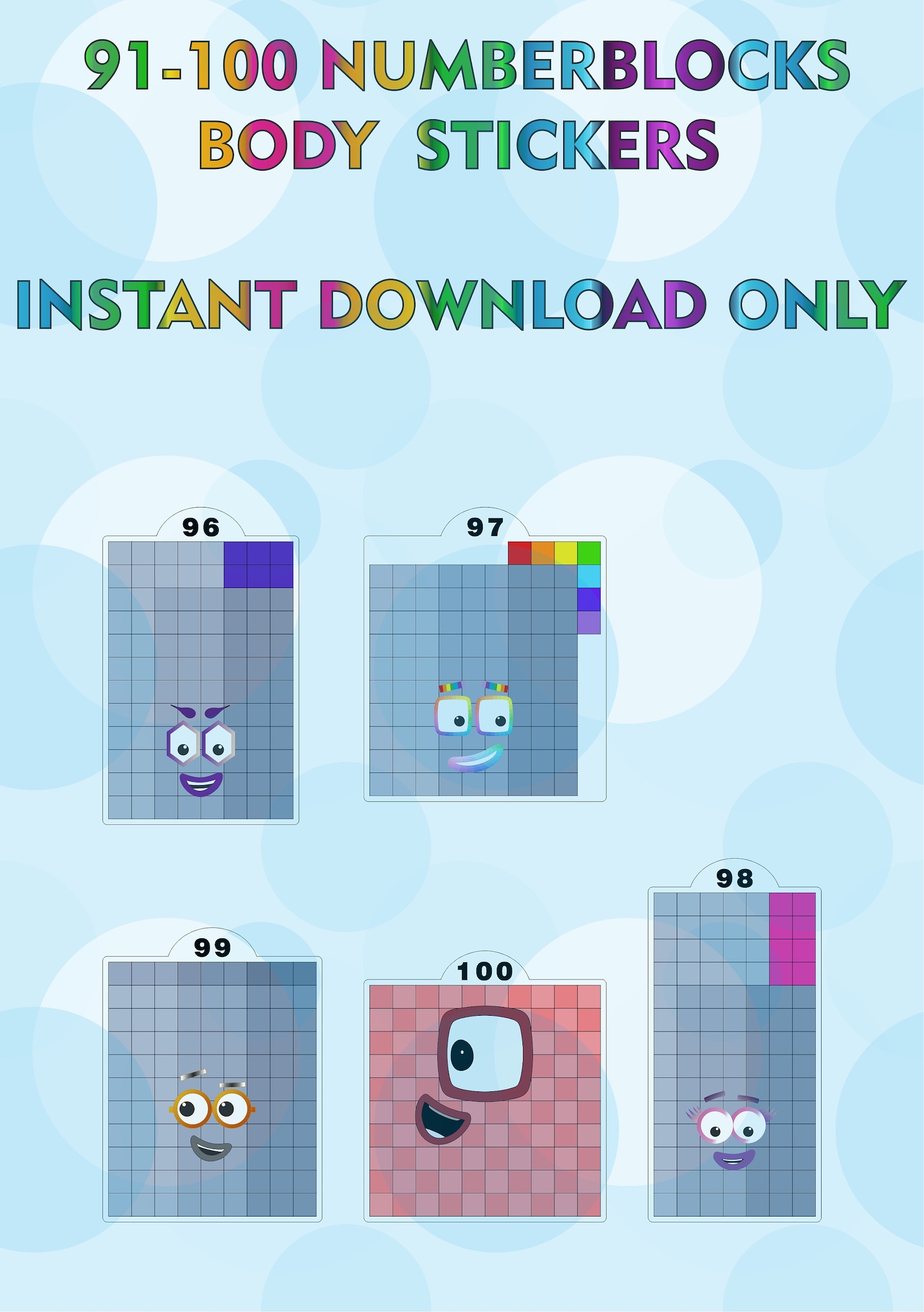 Numberblocks 91-100 Body Stickers / A4 Sticker Printing / Instant ...