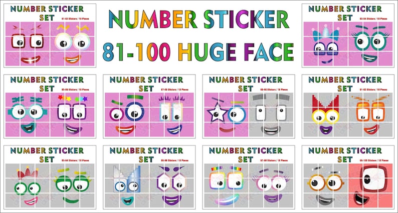 81-100 Huge Face Set Number Blocks Inspired Stickers (with Variation ...
