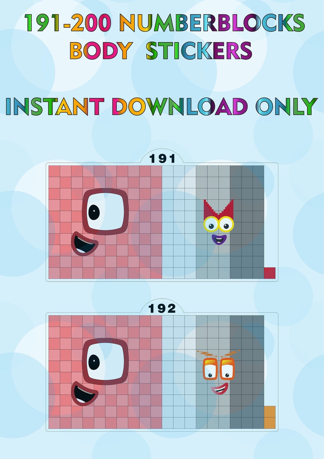 Numberblocks 191-200 Body Stickers / A4 Sticker Printing / Instant Digital Download (JPEG & PDF ...