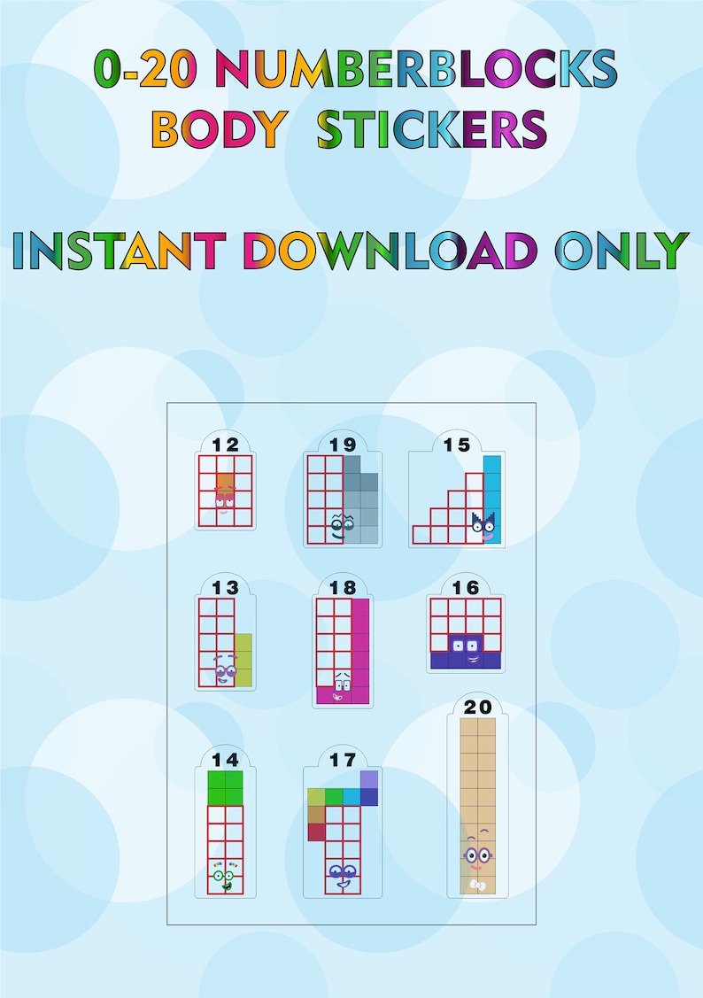 Numberblocks 0-20 Body Stickers / A4 Sticker Printing / Instant Digital ...