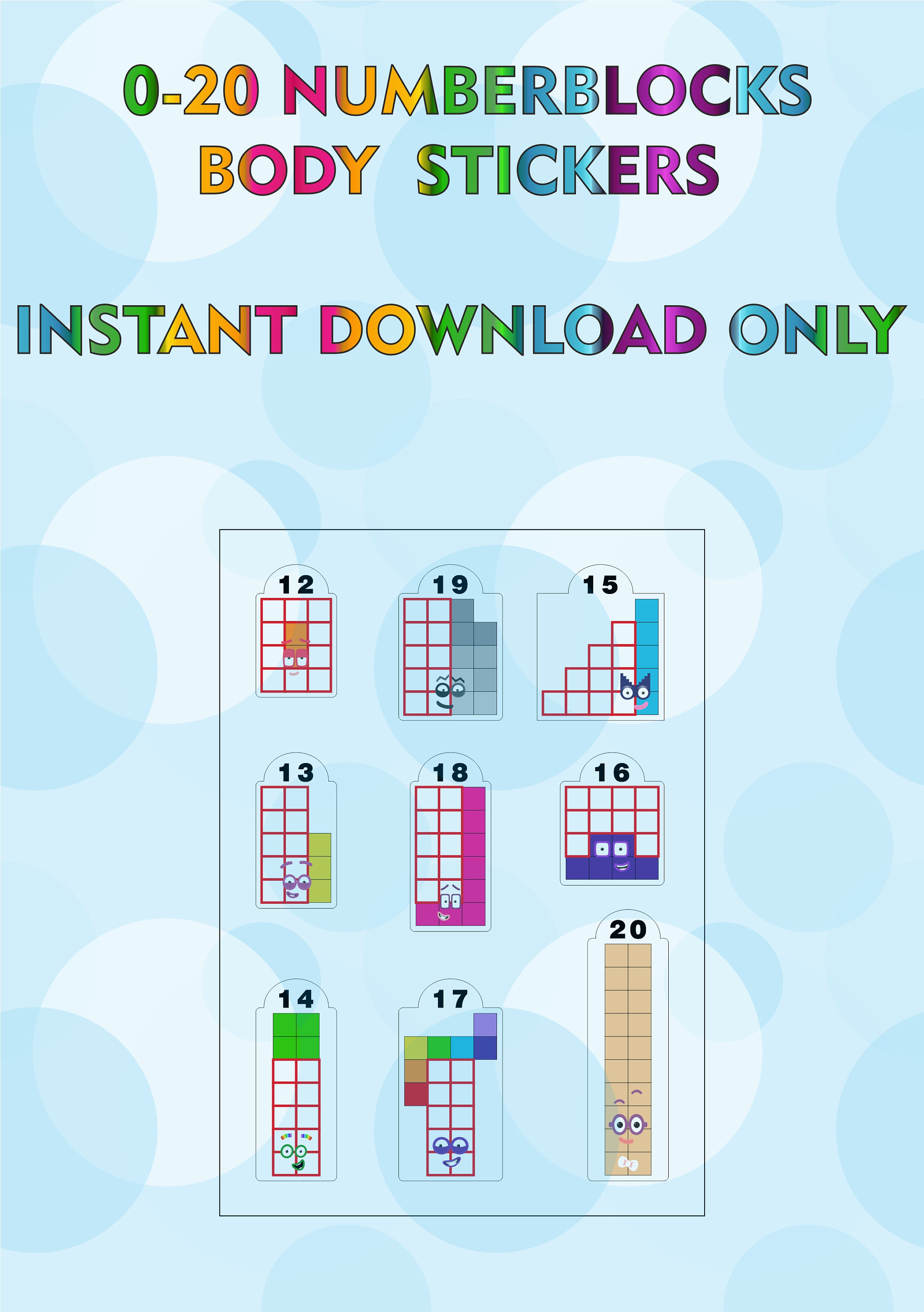 Numberblocks 0-20 Body Stickers / A4 Sticker Printing / Instant Digital ...