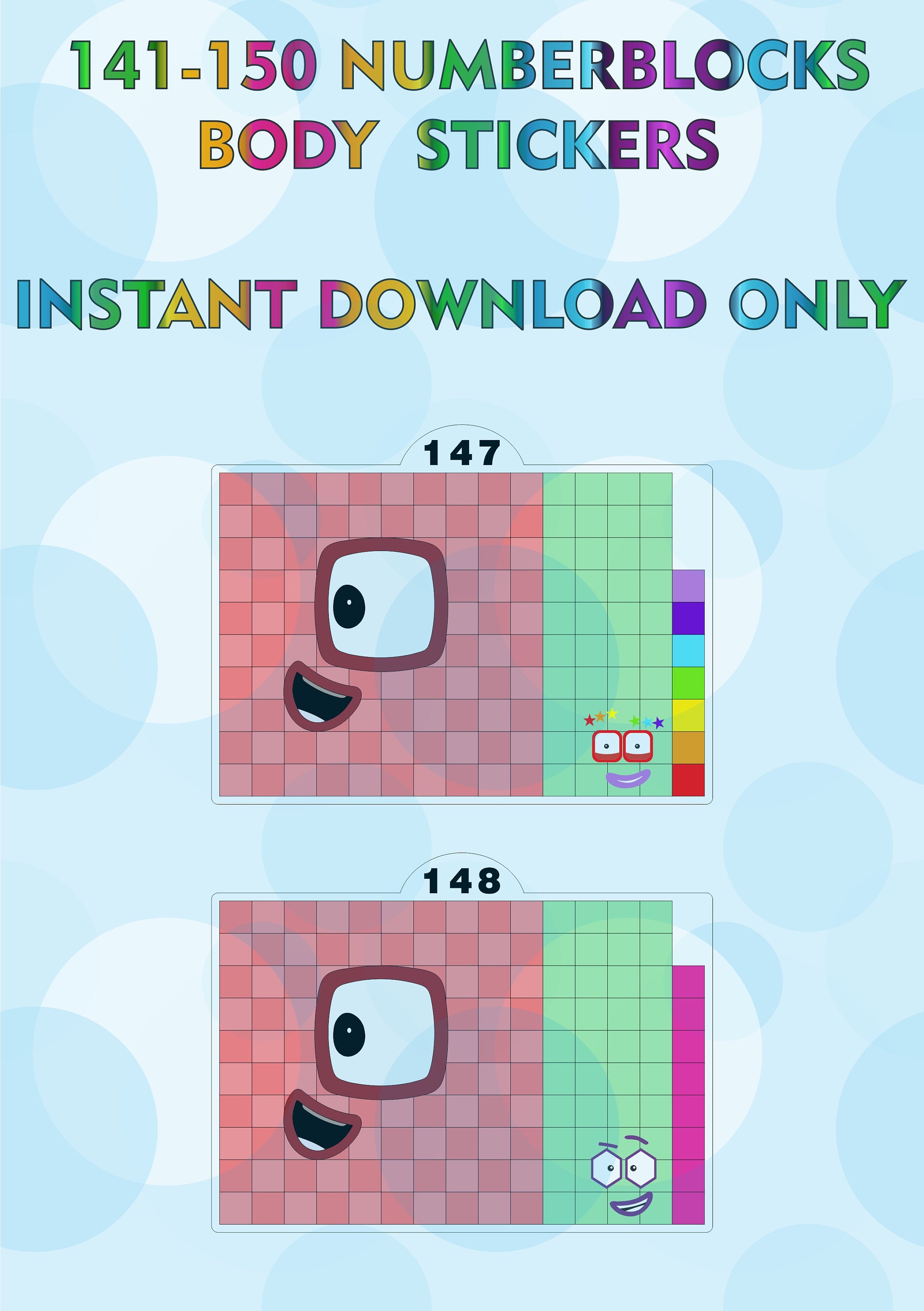 Numberblocks 141-150 Body Stickers / A4 Sticker Printing / Instant ...
