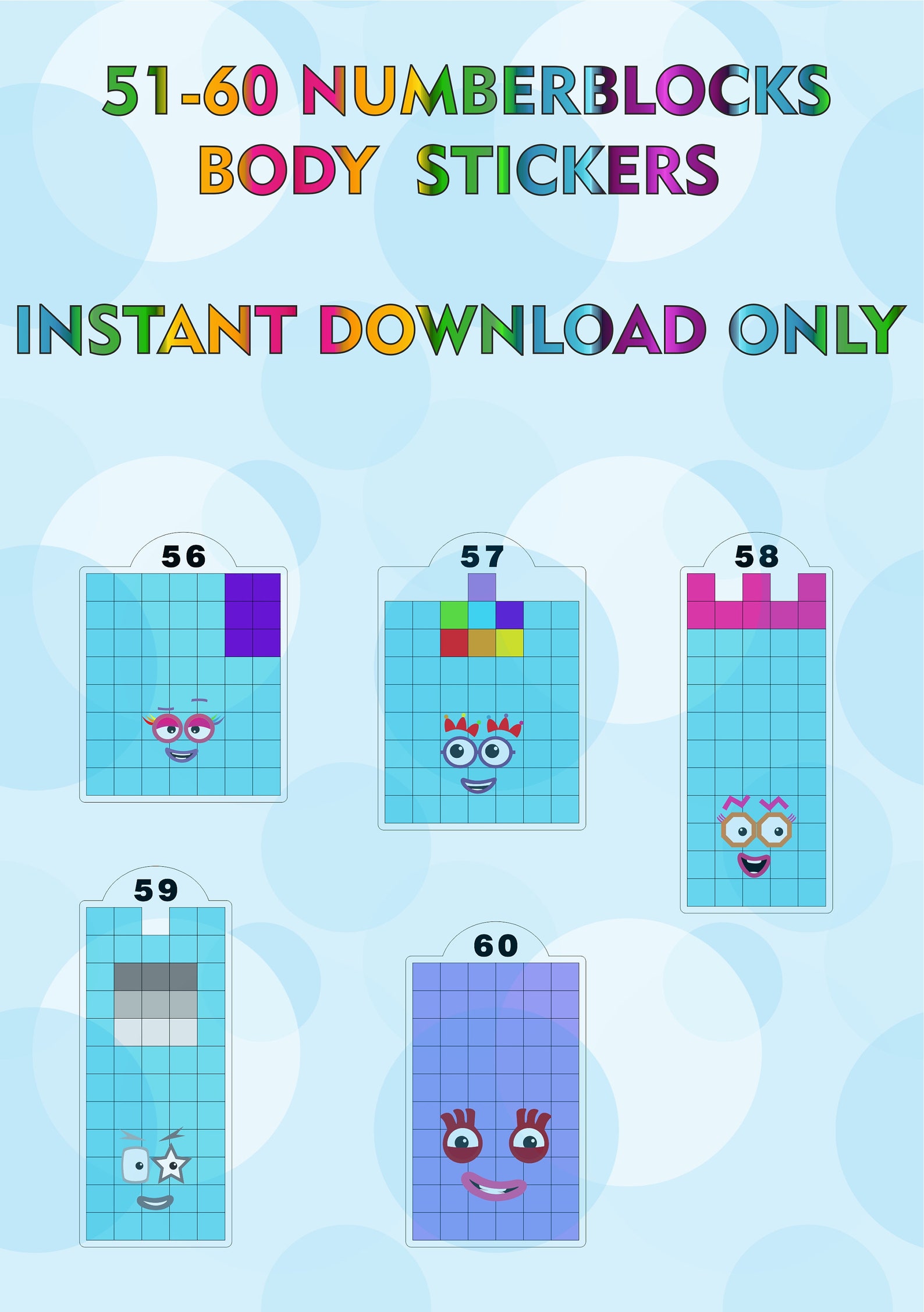 Number Blocks 51-60 Body Stickers / A4 Sticker Printing / Instant ...