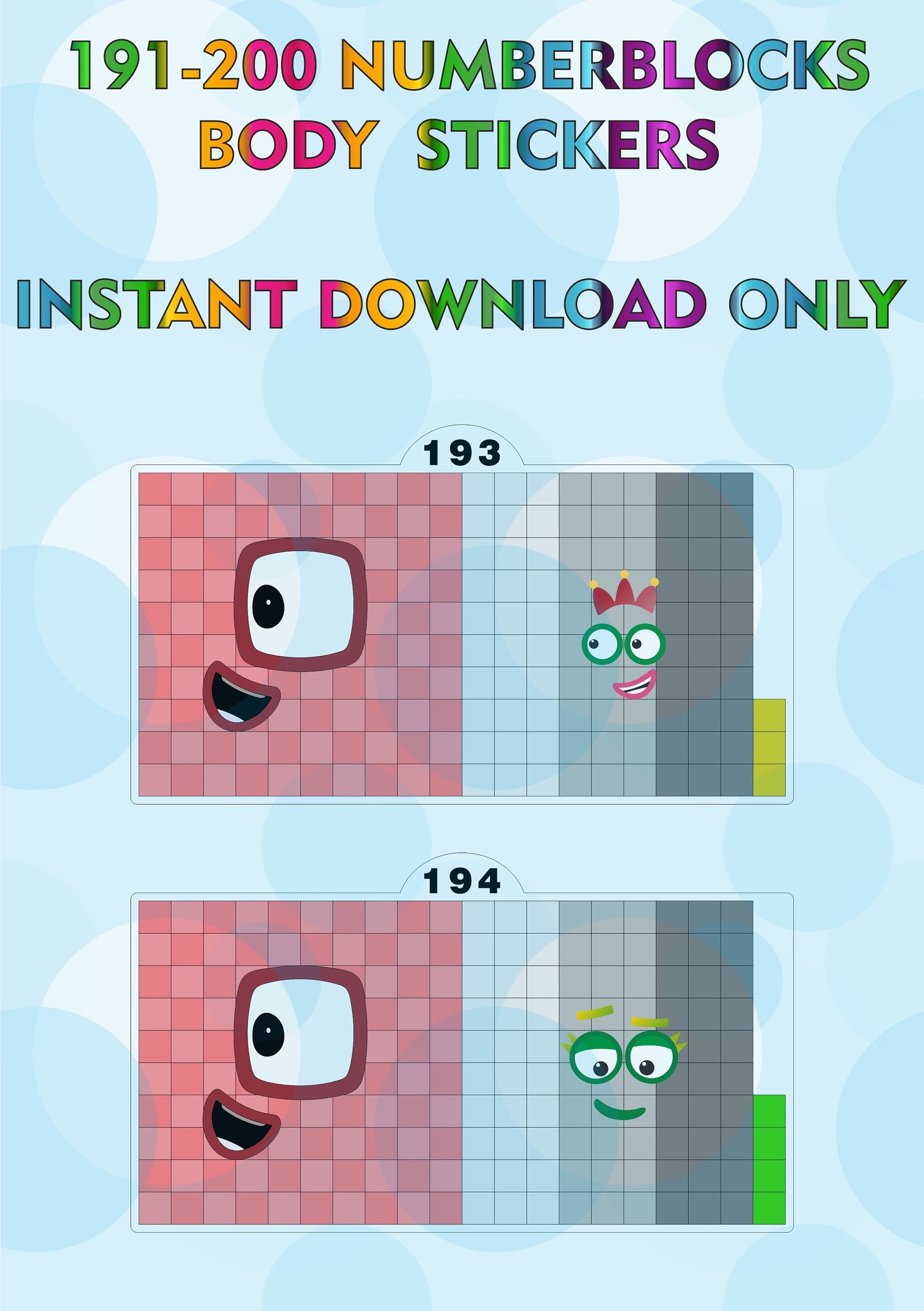 Numberblocks 191-200 Body Stickers / A4 Sticker Printing / Instant ...