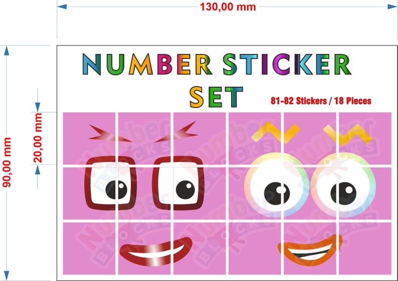 81-100 Huge Face Set Number Blocks Inspired Stickers (with Variation ...