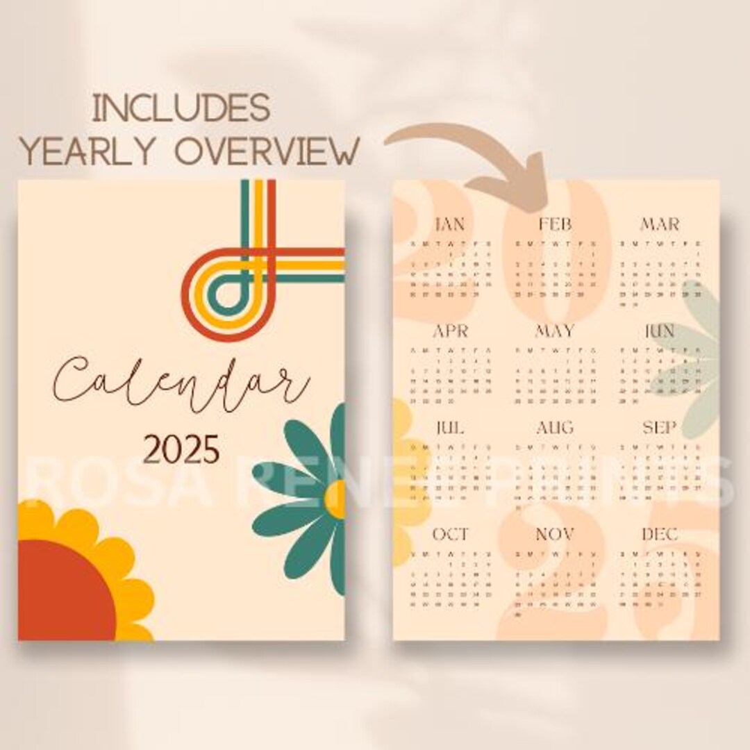 2025 Monthly Calendar Printable | Retro | PDF, A4, Elegant Pretty ...