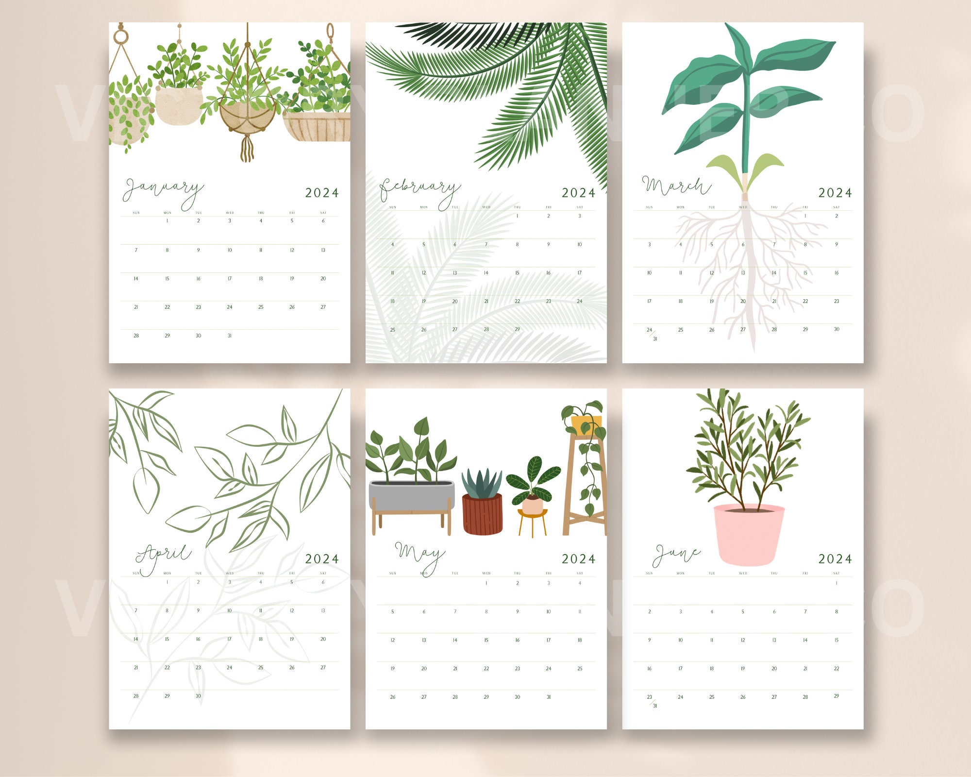 2024 Monthly Calendar Printable Watercolour Plant PDF, A4, Elegant ...