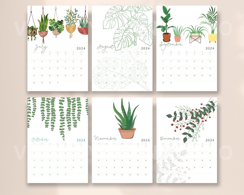 2024 Monthly Calendar Printable Watercolour Plant PDF, A4, Elegant ...