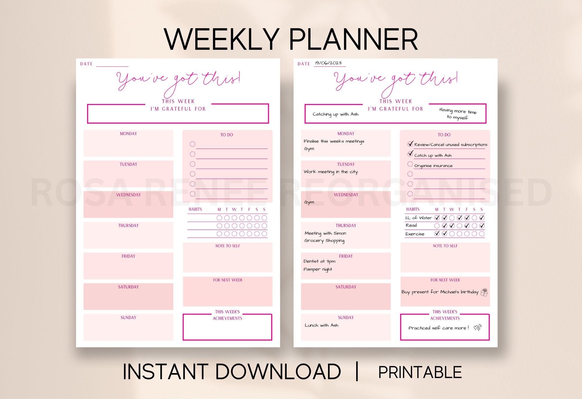 Weekly Planner Printable Pink to Do List for Work / Personal Life ...