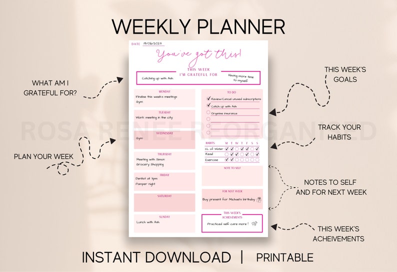 Weekly Planner Printable Pink to Do List for Work / Personal Life ...