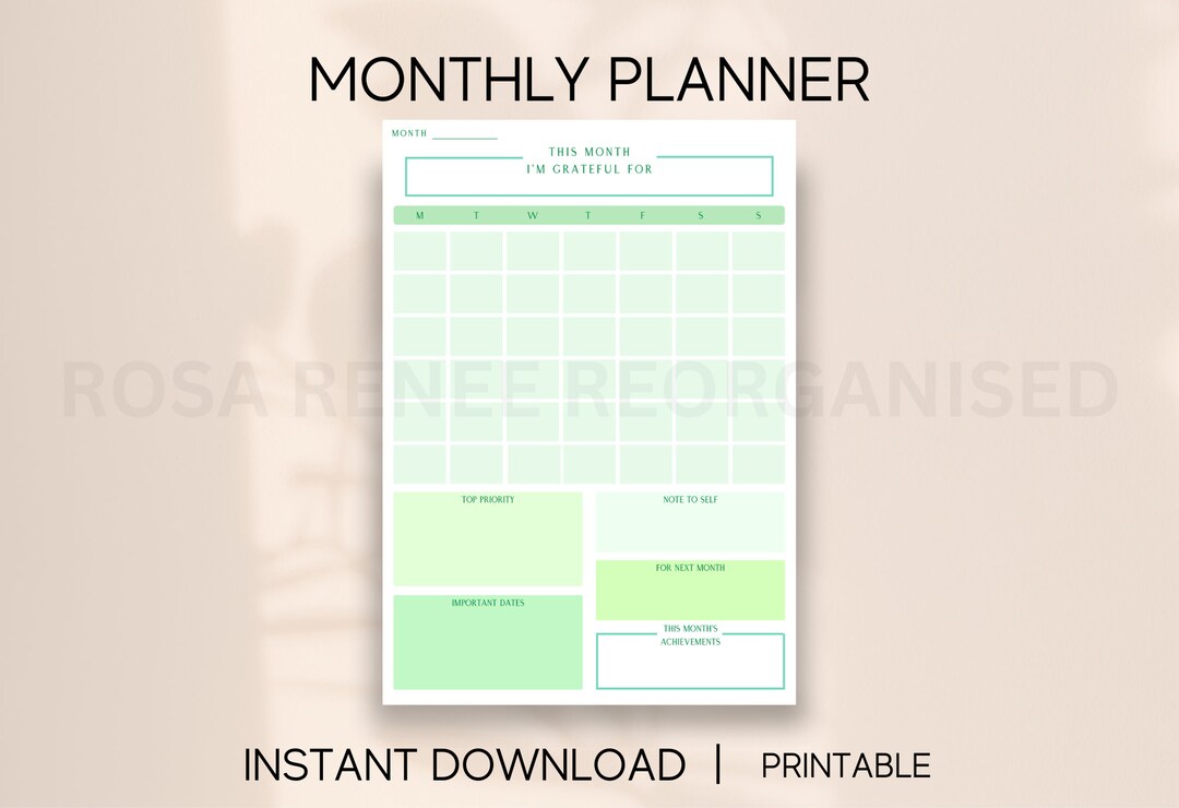 Monthly Planner Printable Green Monthly to Do List for Work / Personal ...