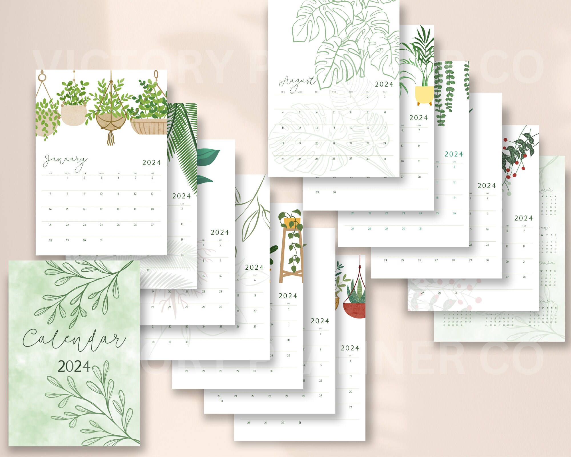 2024 Monthly Calendar Printable Watercolour Plant PDF, A4, Elegant ...