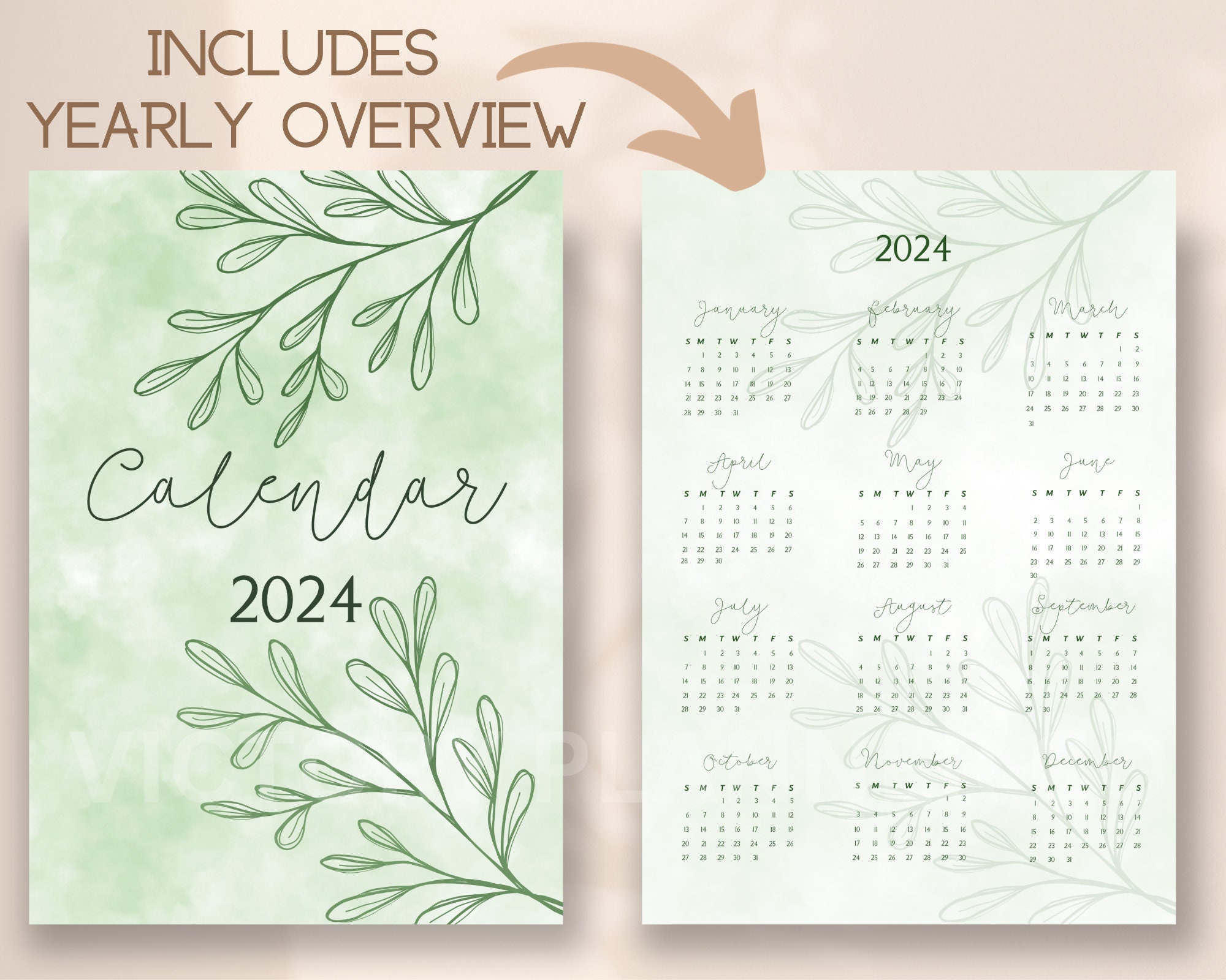 2024 Monthly Calendar Printable Watercolour Plant PDF, A4, Elegant ...