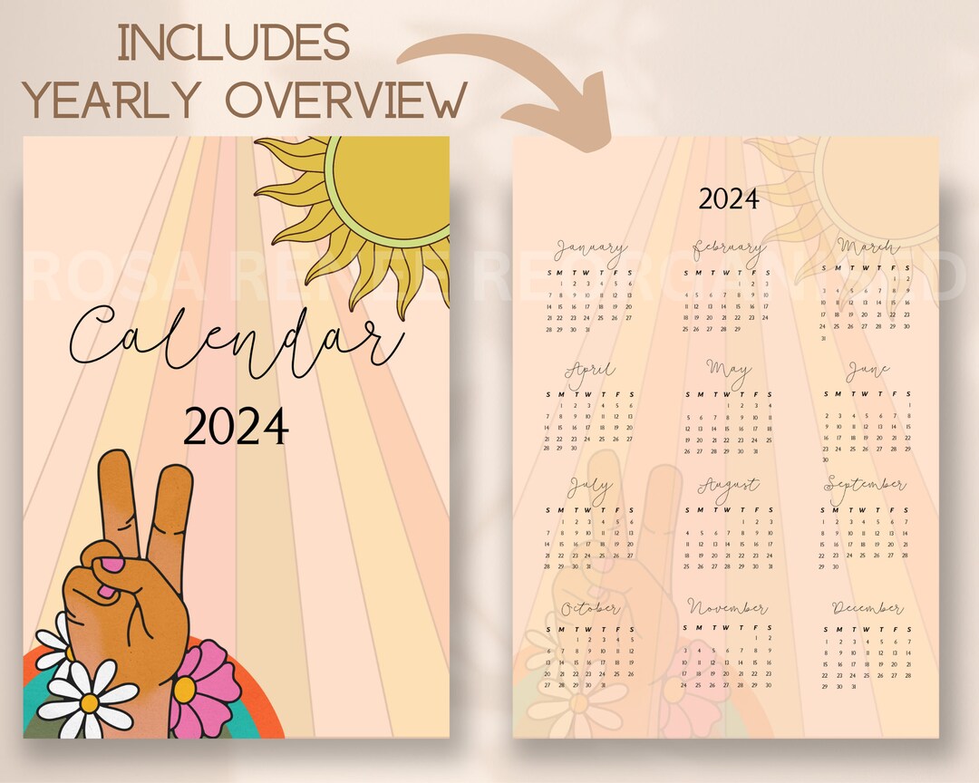 2024 Monthly Calendar Printable Retro PDF, A4, Elegant Pretty Hippie ...