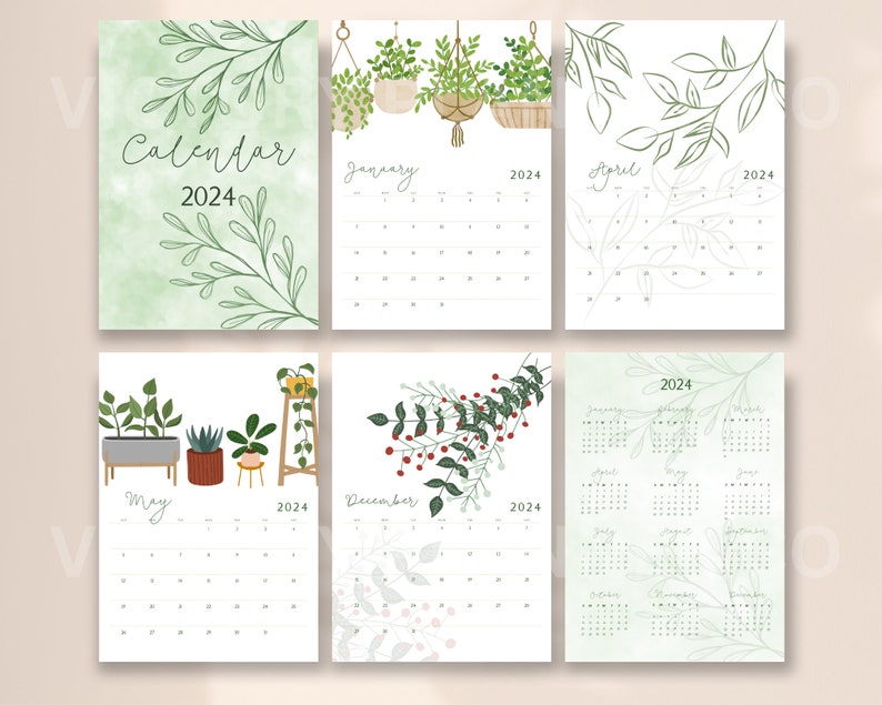 2024 Monthly Calendar Printable Watercolour Plant PDF, A4, Elegant ...