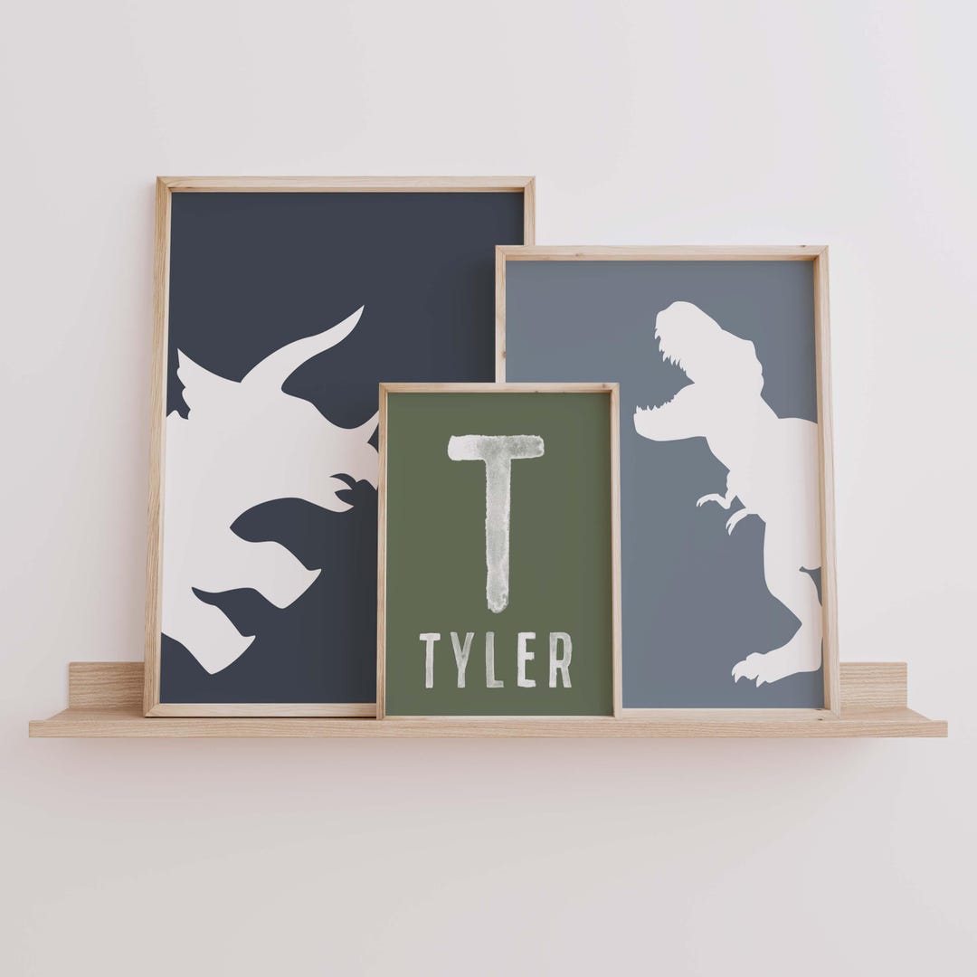 Personalised Dinosaur Set of 3 Posters, Navy Blue, and Green, Dinosaur ...