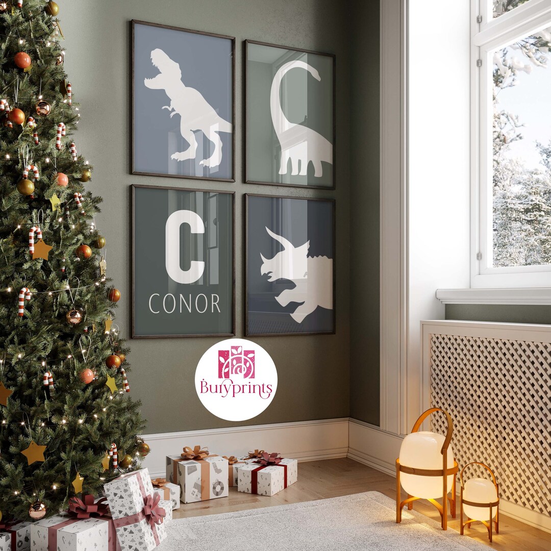 Personalised Dinosaur Set of 4 Posters, Navy Blue, and Green, Dinosaur ...