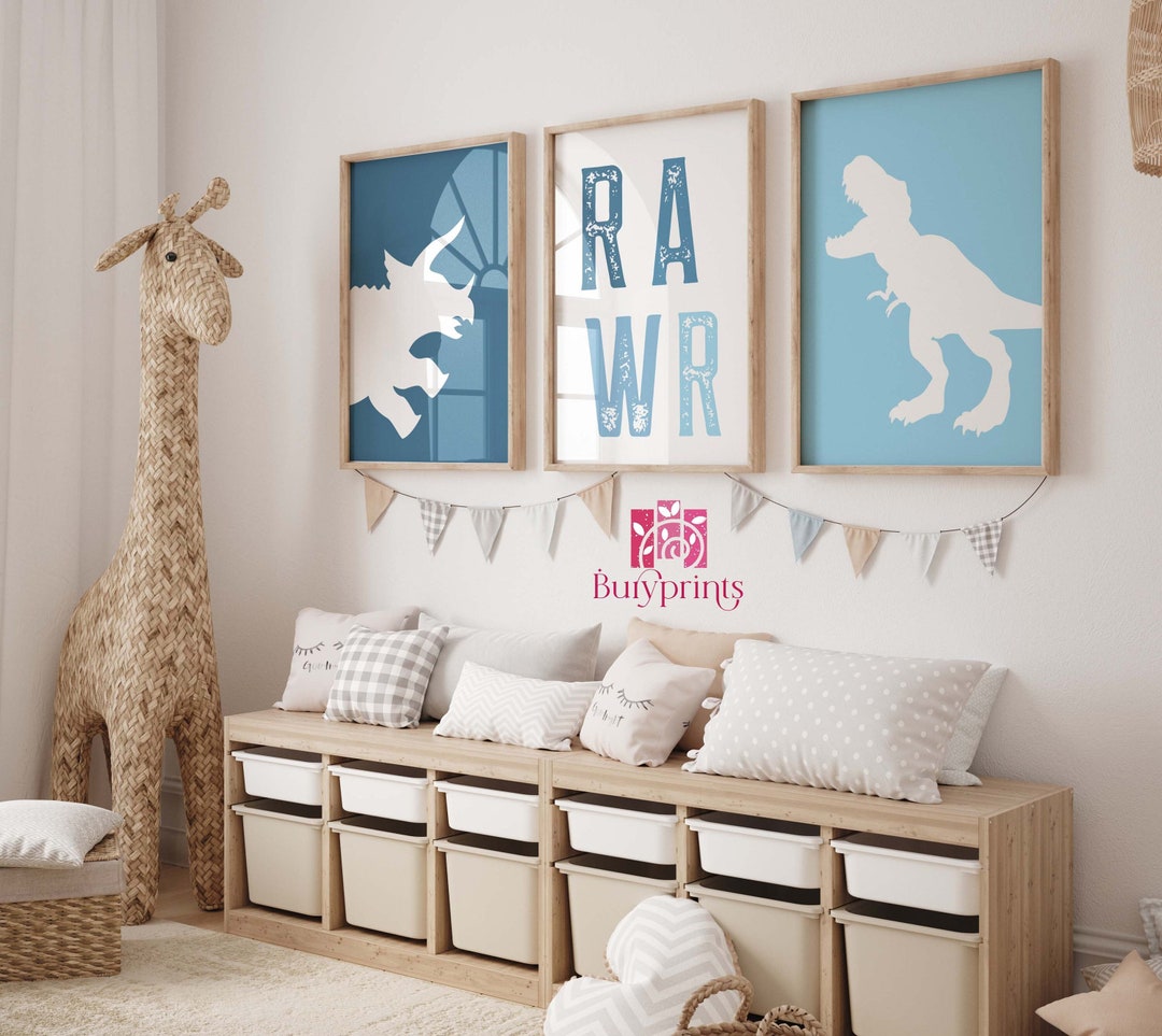 Set of 3 Dinosaur RAWR Poster Prints, Blue Hues, Dinosaur Wall Art, T ...