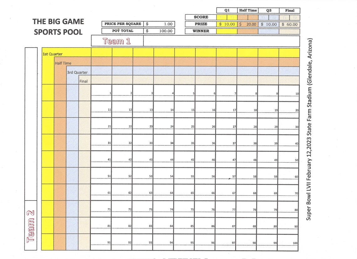 Super Bowl Digital Football Bet Football 25/50/100 Squares Football ...