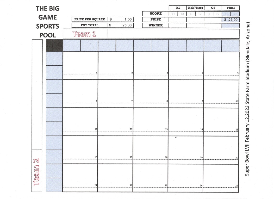 Super Bowl Digital Football Bet Football 25/50/100 Squares Football ...