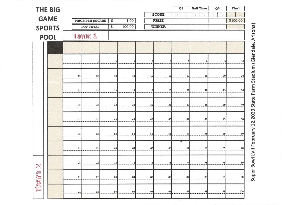 Super Bowl Digital Football Bet Football 25/50/100 Squares Football ...